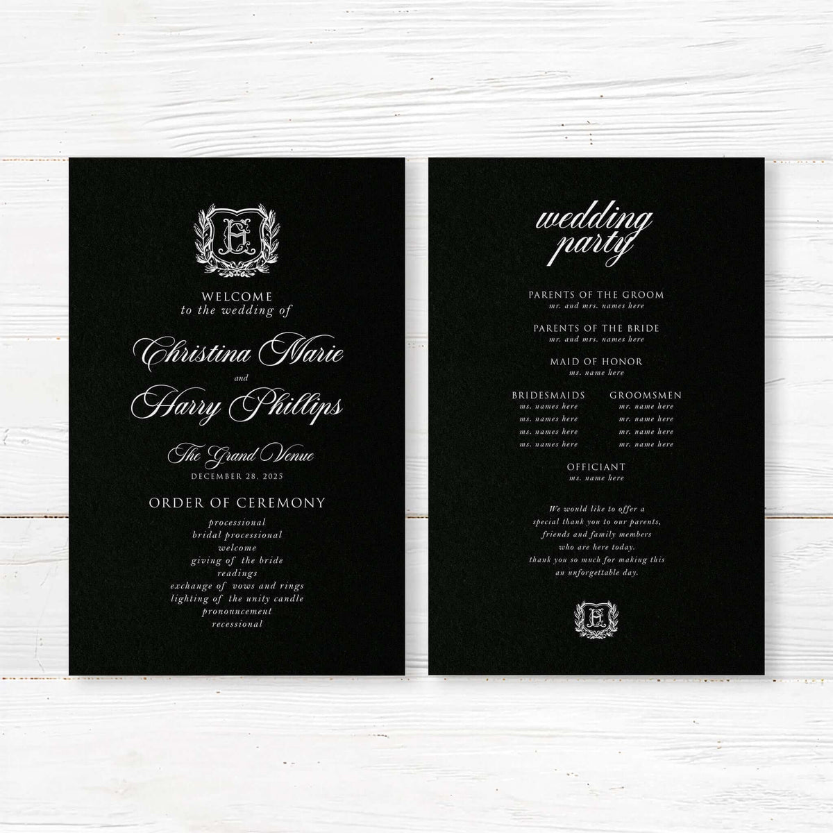 Black Wedding Program -Laurel Wreath Monogram & Script Fonts – Go Print Plus