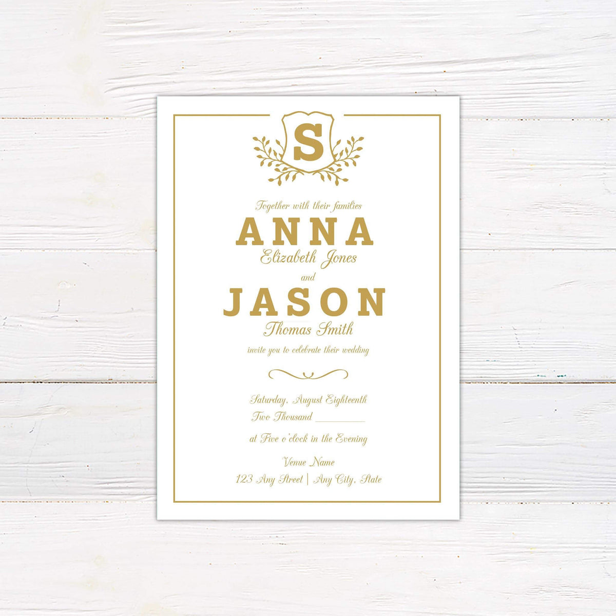 Gold Monogram Shield Invitations – Classic Serif and Script Design – Go Print Plus