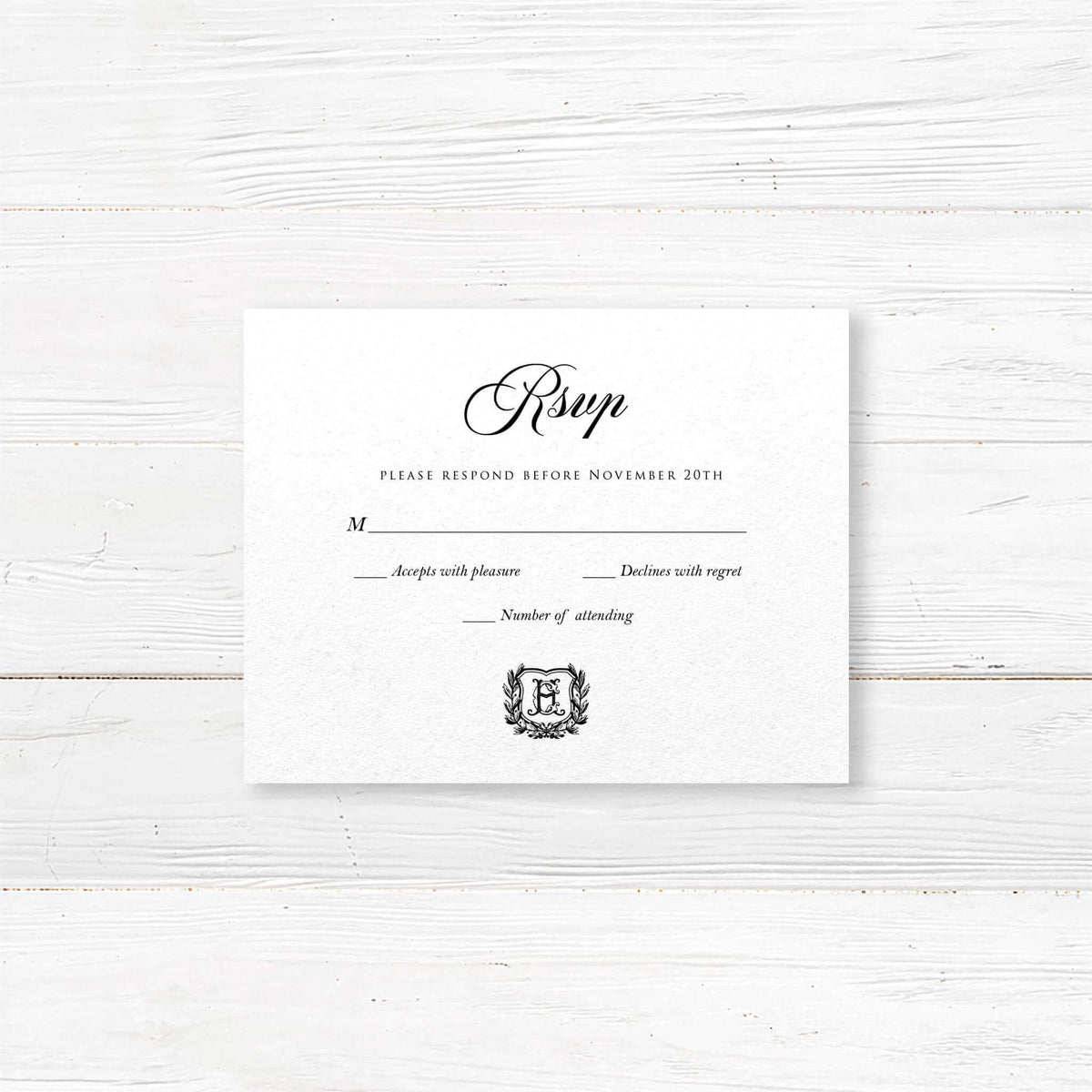Black Wreath Monogram RSVP Card - White Script & Serif Fonts – Go Print ...