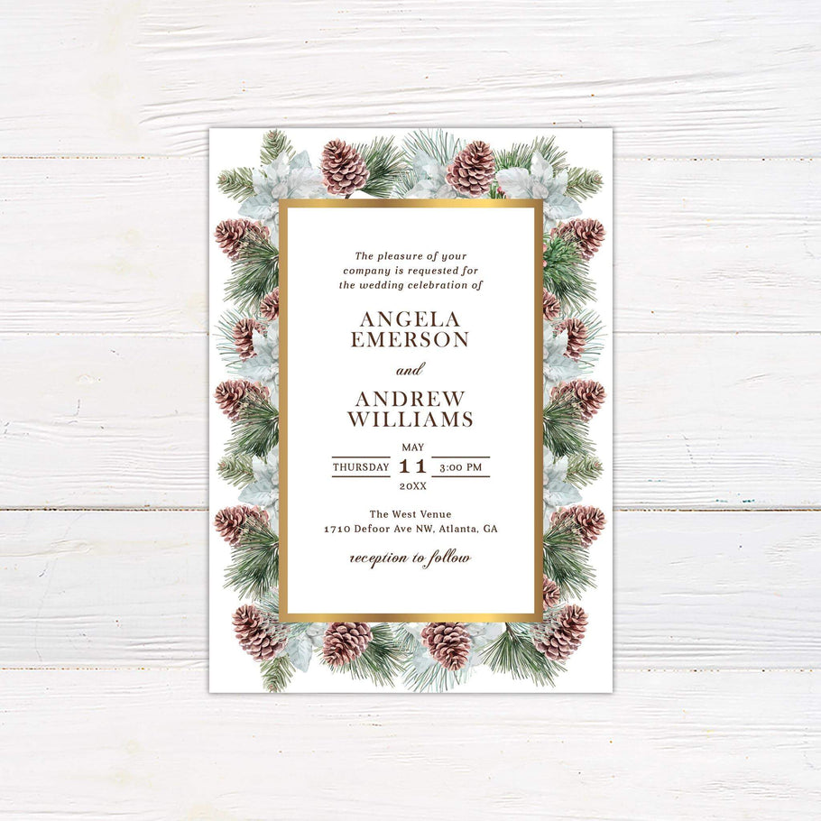 Winter Pinecone Wedding Invite – Elegant Design with Evergreen Foliage ...