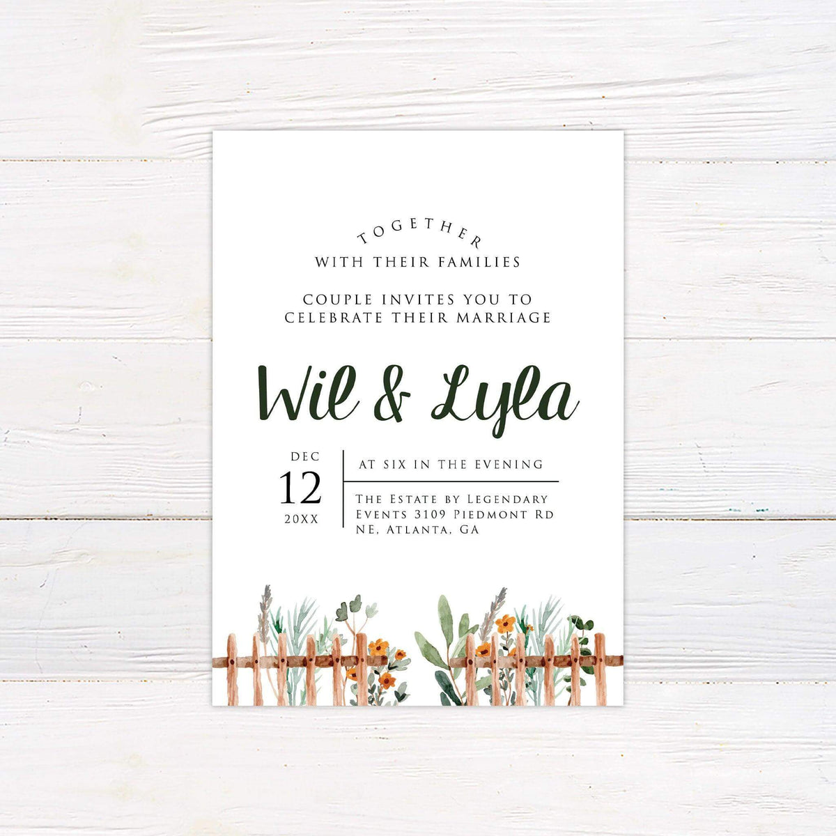 Rustic Garden Invitations with Watercolor Fence and Florals – Go Print Plus