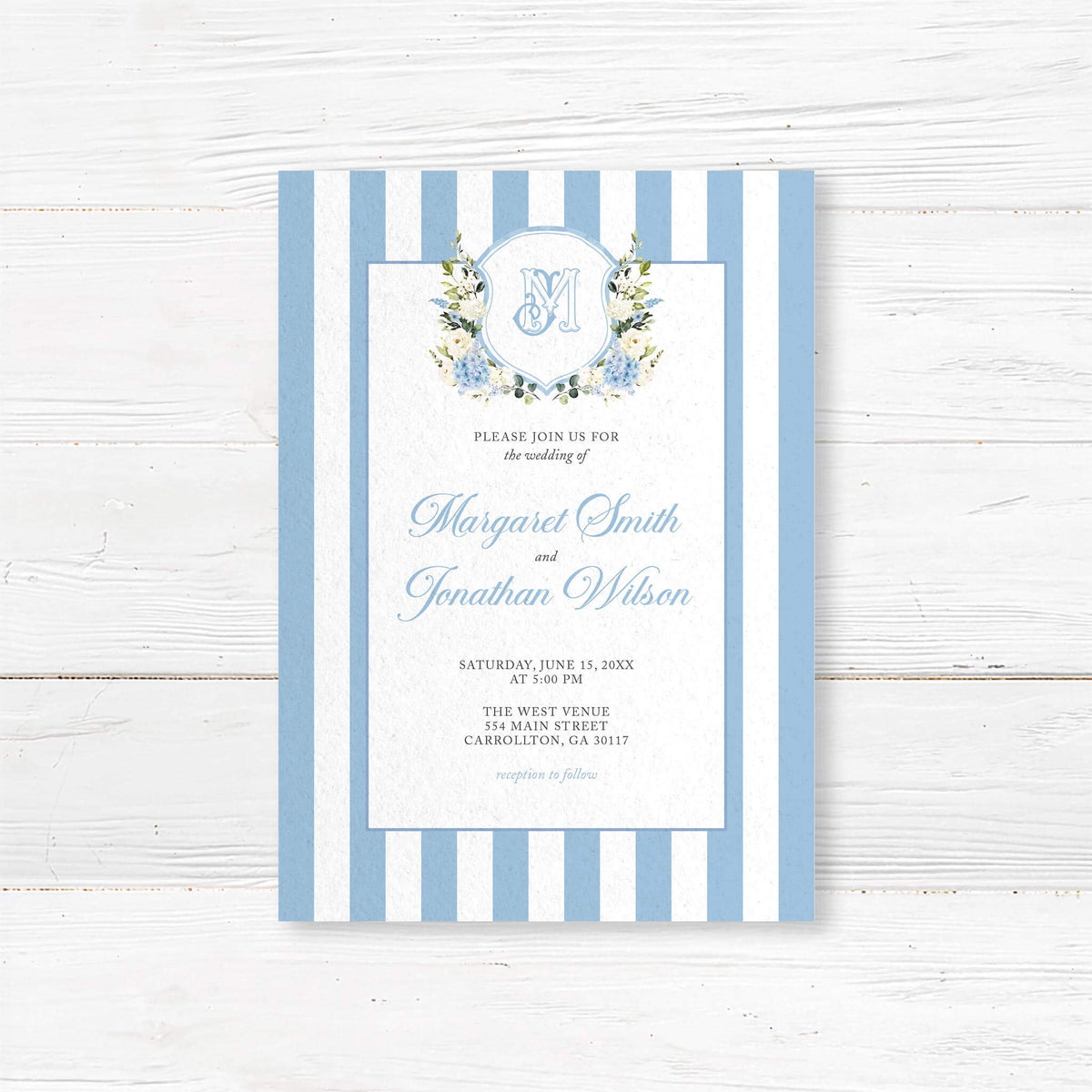 Hydrangea Crest Wedding Invitation - Blue Stripes and Floral Monogram ...