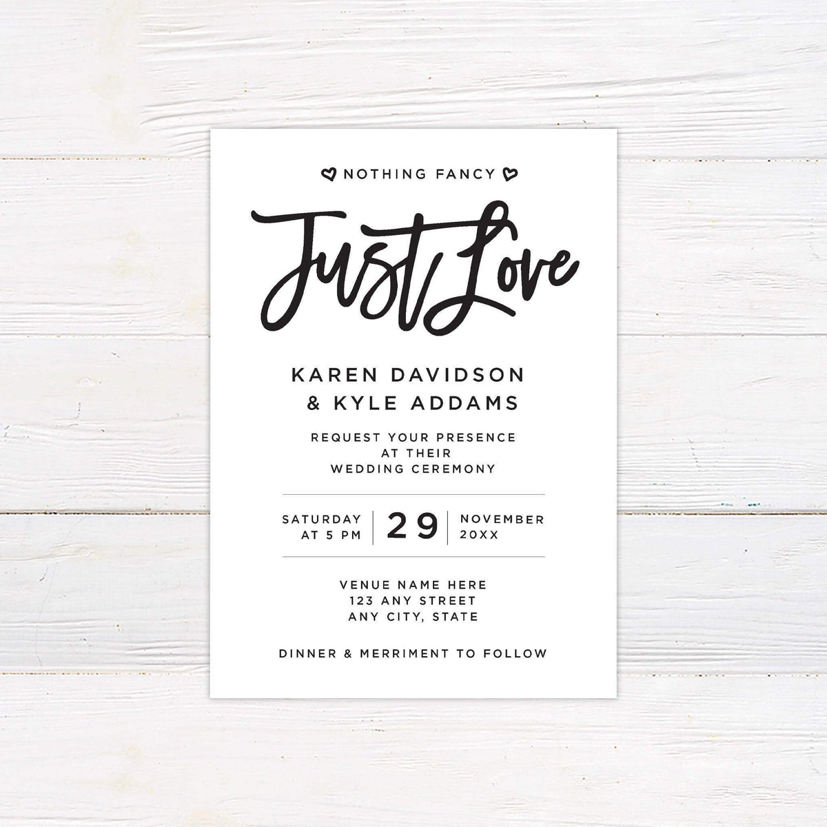 Modern Minimalist Wedding Invitation with “Just Love” Script – Go Print ...