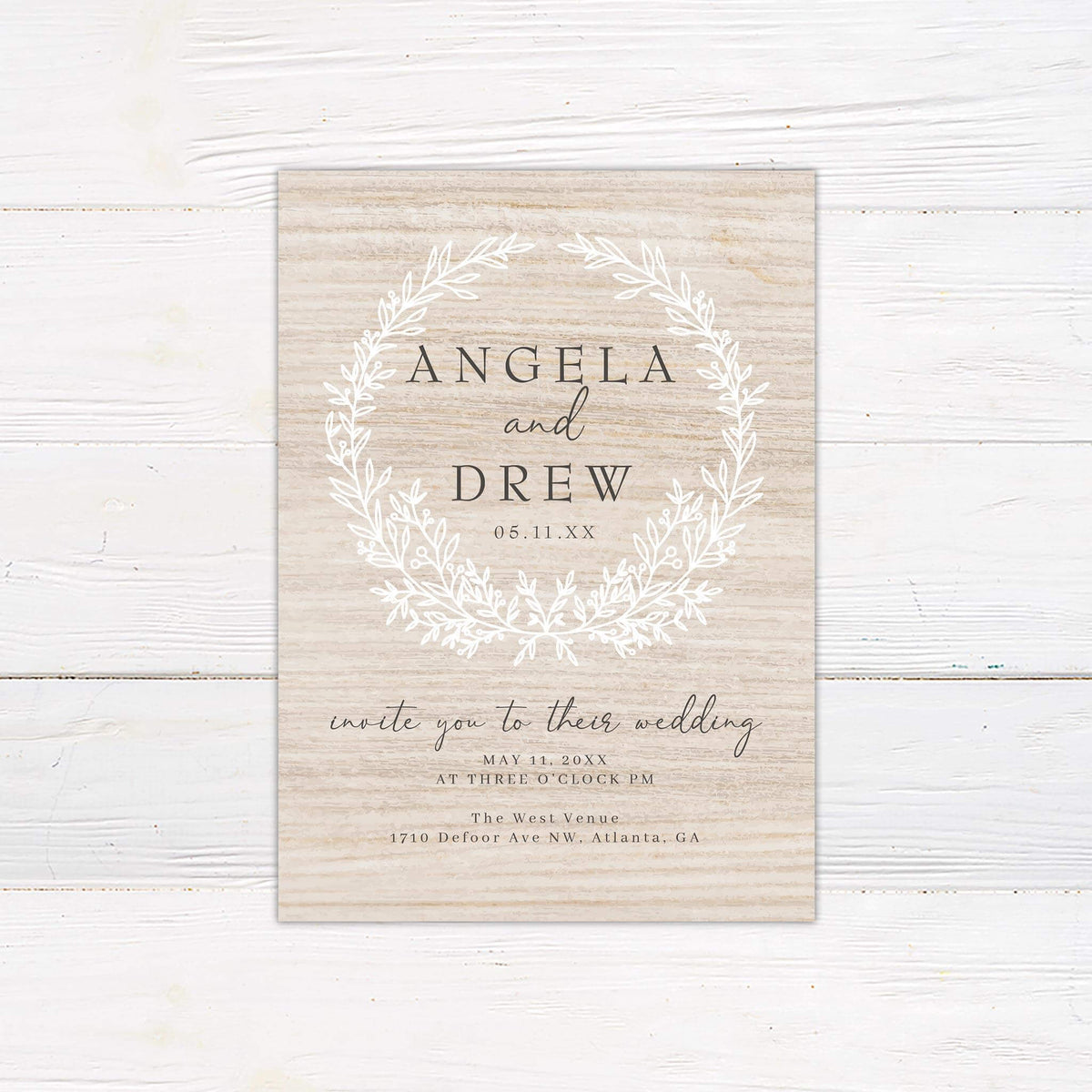 Simple Rustic Wedding Invitation with Woodgrain & Wreath – Go Print Plus