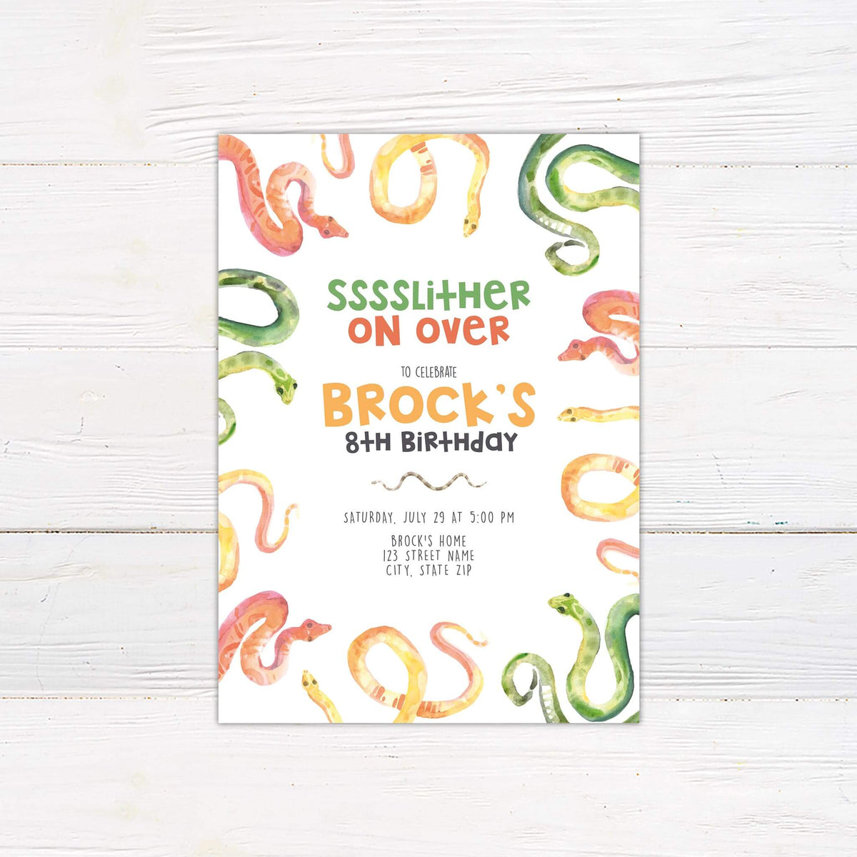 Slither On Over | Watercolor Snake Party Invite – Go Print Plus
