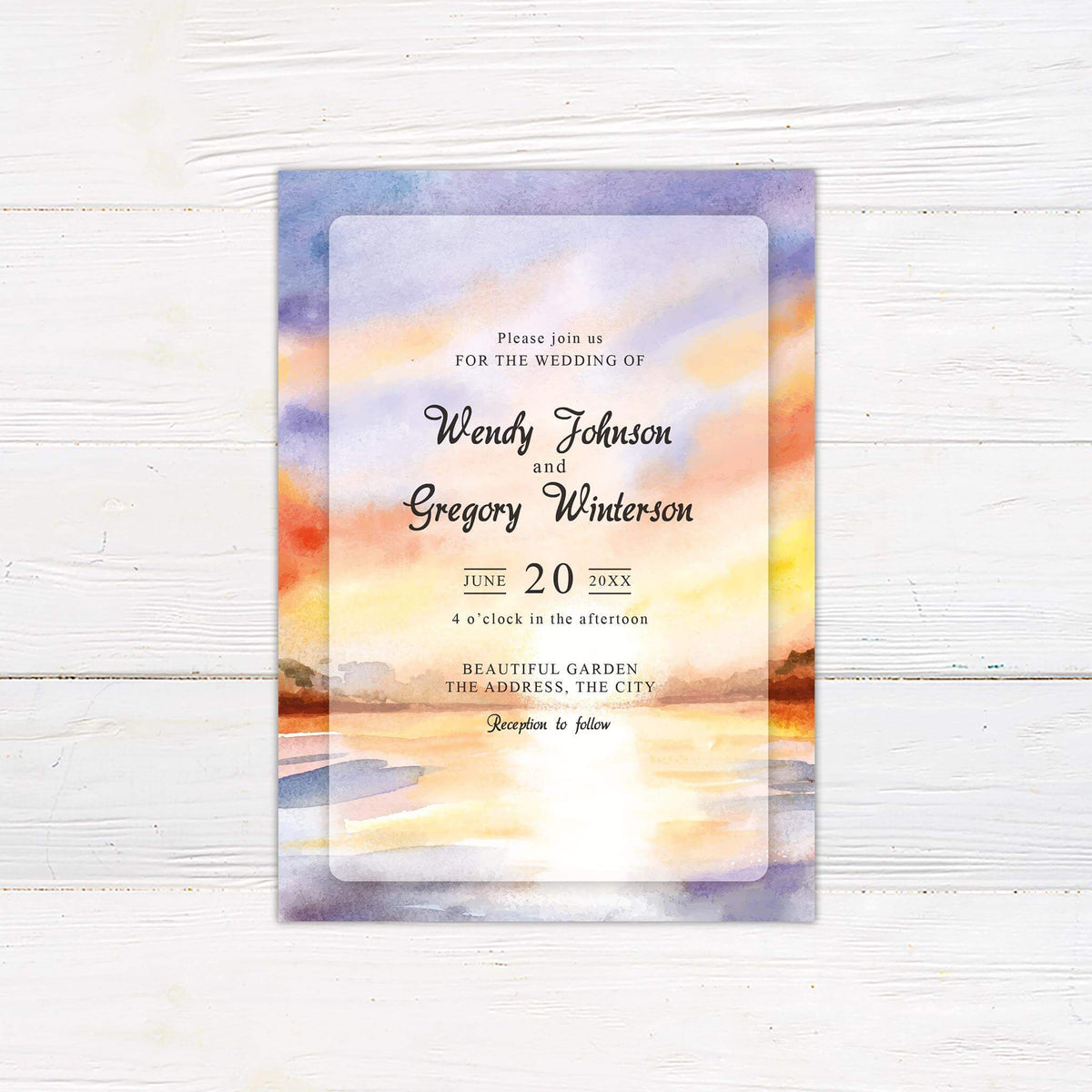 Watercolor Sunset Lake Wedding Invitation - Romantic Printed Design ...