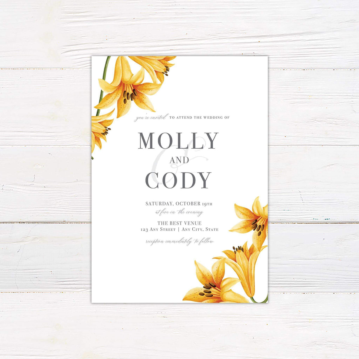 Yellow Lily Floral Wedding Invitation – Printed Botanical Design – Go ...